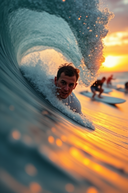 Surfer Captures the Perfect Wave at Sunset Amidst Ocean Splendor