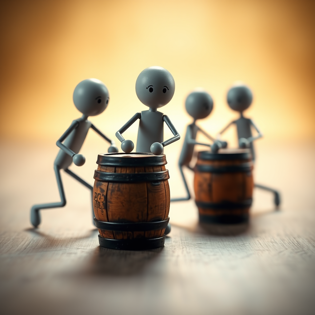 Four Playful Stick Figures Engaged in Fun Activities with Wooden Barrels