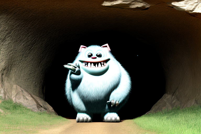 fluffy cute fat monster with teeth in a cave