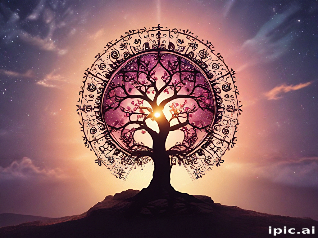 A Mystical Tree of Life Surrounded by Celestial Symbols and Light