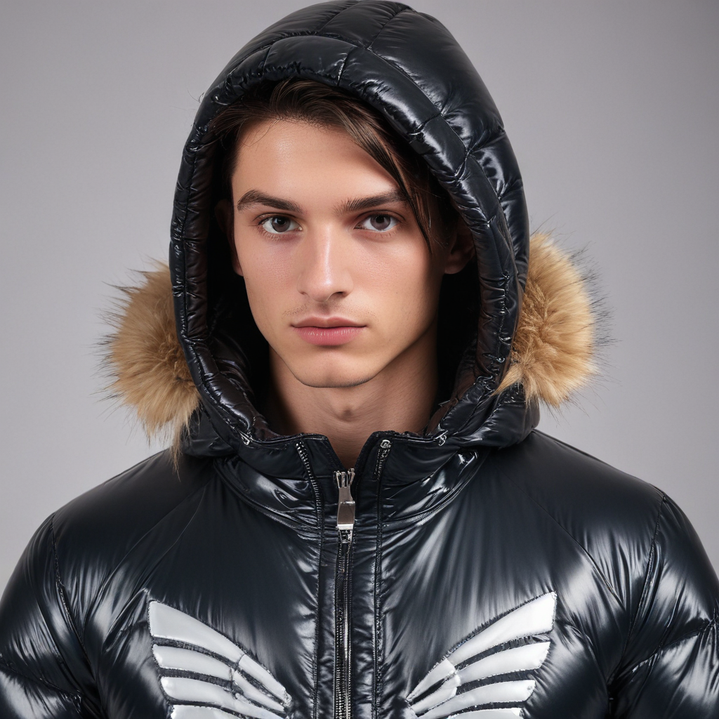 Male supermodel adidas shiny puffer jacket bling jewellery hood