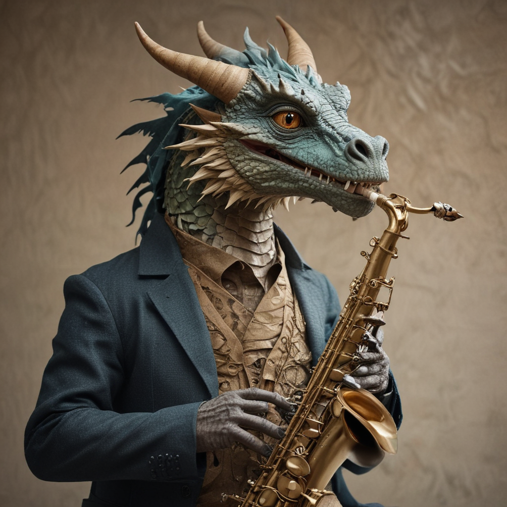 A dragon playing a soprano saxophone