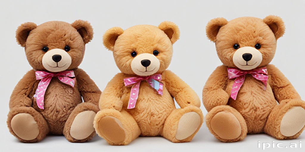 Three Adorable Teddy Bears with Colorful Ribbons Sitting Together in a Row
