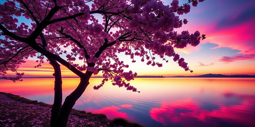 Serene Sunset Over Tranquil Waters Framed by Blossoming Cherry Tree