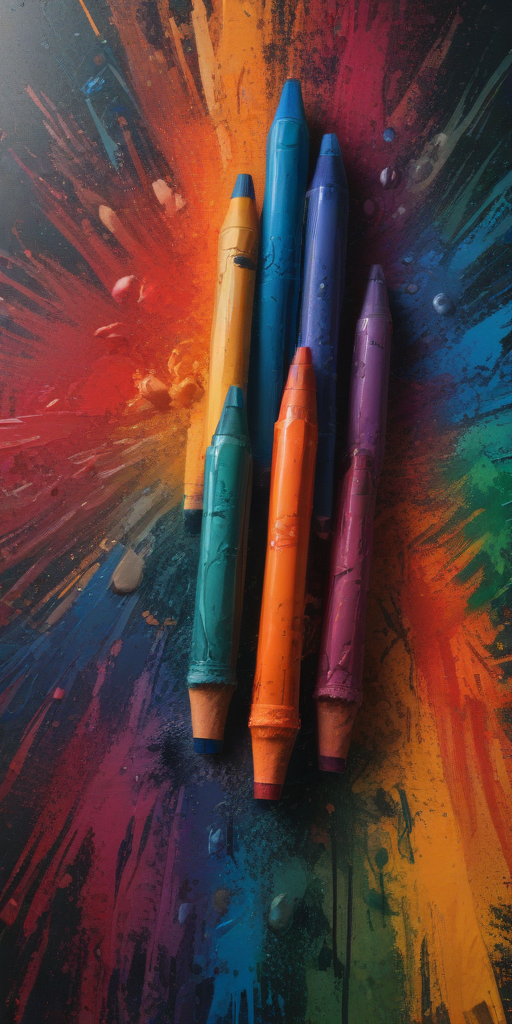 Vibrant Crayons Exploding with Color Against a Dark Artistic Background