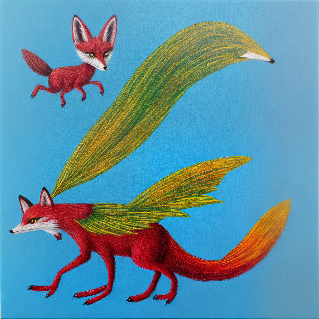 metallic fox with wings and axolotl