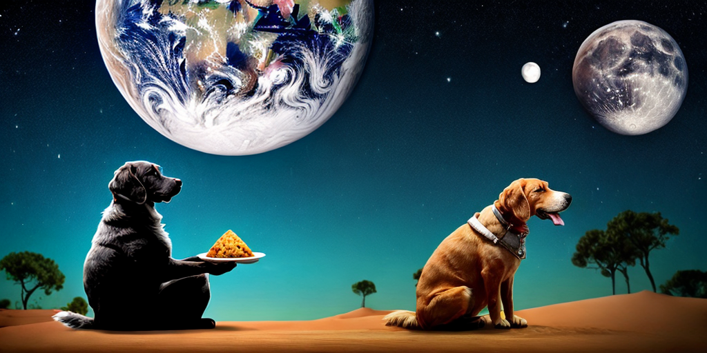 A dog eating samosa with hands on moon watching earth