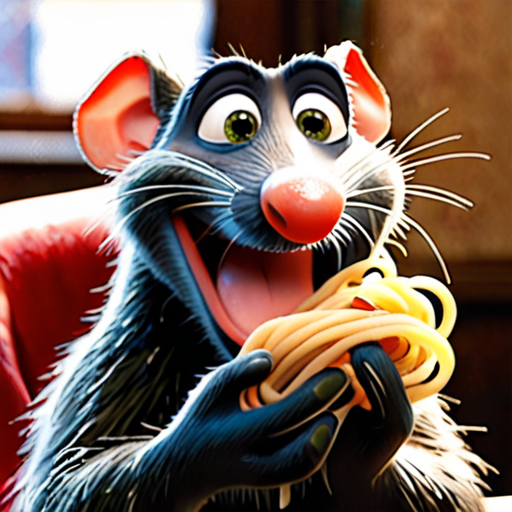 remy from the hit movie "ratatouille" gracing his lips on linguini's cheek