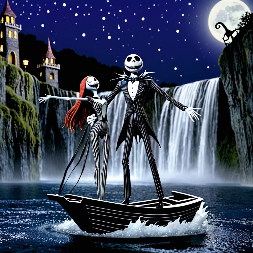 jack skellington and sally sailing over a waterfall at night and laughing