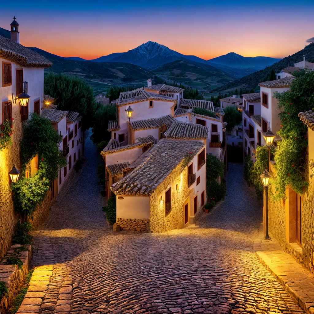 village, spain, street-lamps, cobblestone street, villa, evening ...
