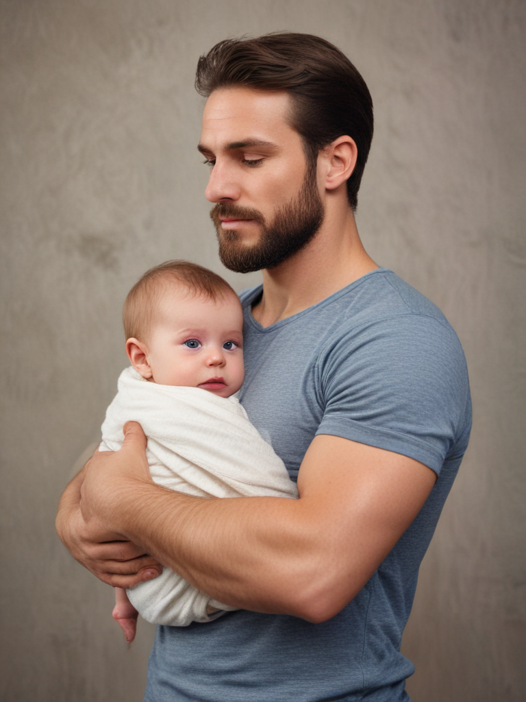 Calm man with baby in arms