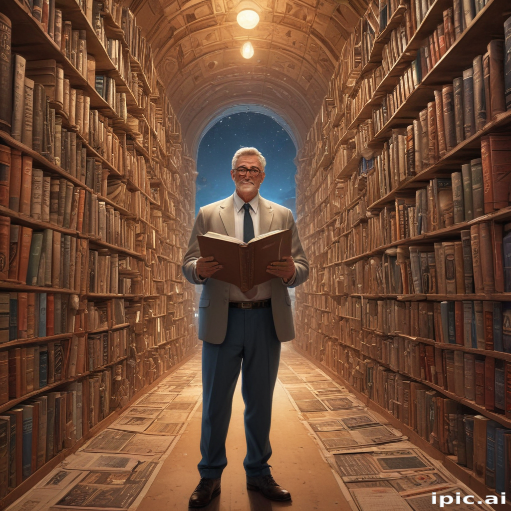 A Scholar Explores a Vast Library Filled with Ancient Knowledge and Wonders