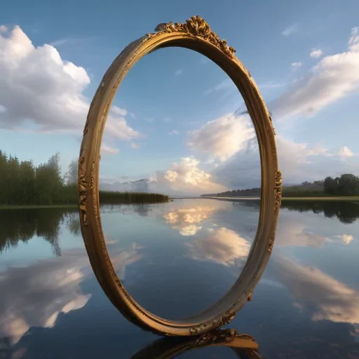 A Golden Mirror Frame Reflecting a Serene Landscape of Sky and Water