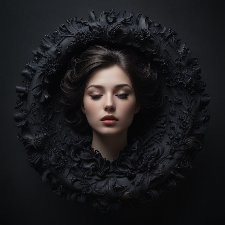 Elegant Portrait of a Woman Surrounded by a Dark Floral Frame