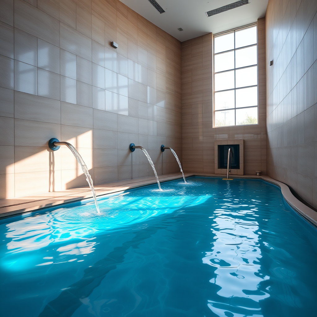 Tranquil Indoor Swimming Pool Featuring Elegant Water Fountains and ...
