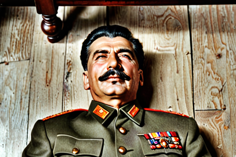 Josef Stalin with closed eyes laying on back near table on the floor ...