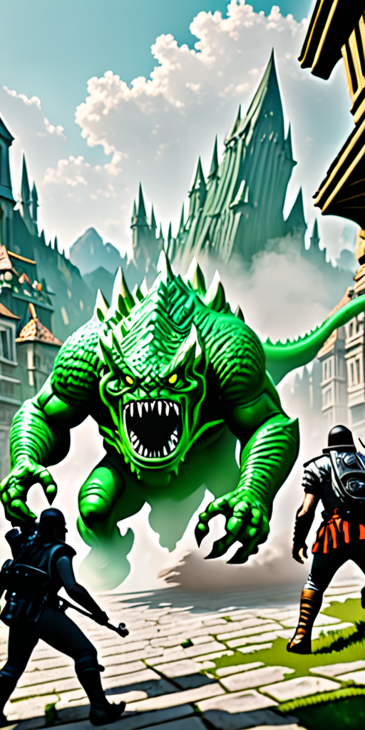 giant green ooze monster chasing adventurers, D&D illustration
