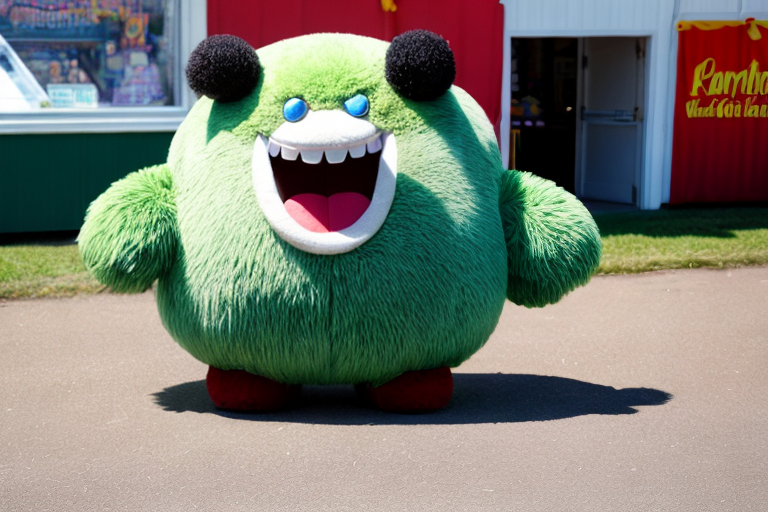 fluffy cute fat monster with teeth horns in a fairground