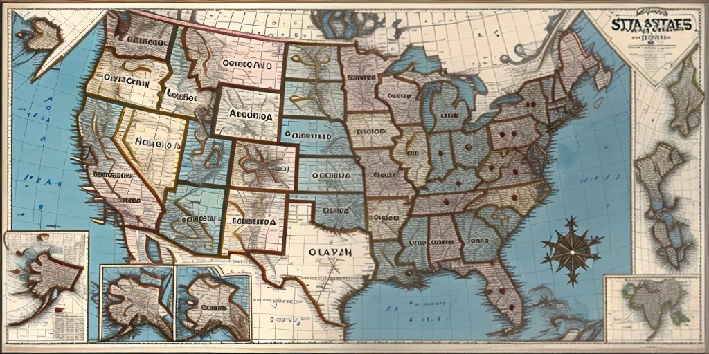 Historical Map of the United States Featuring States and Territories in ...