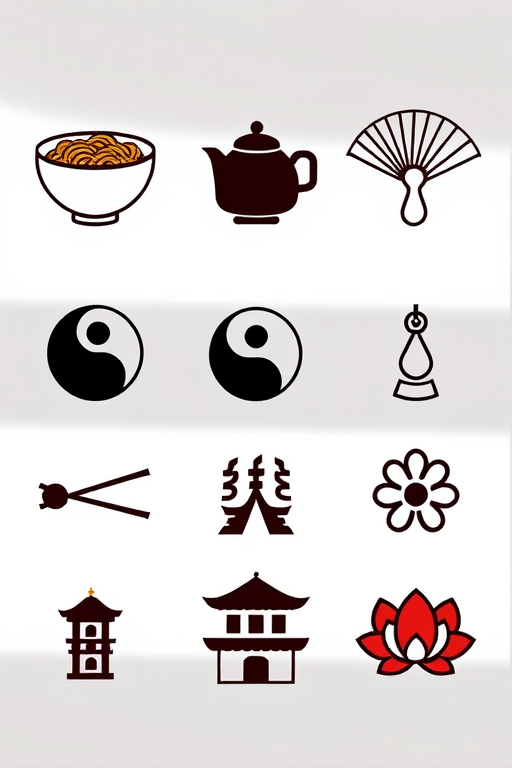 Symbols of Asian Culture: Food, Harmony, and Traditional Arts Illustrated