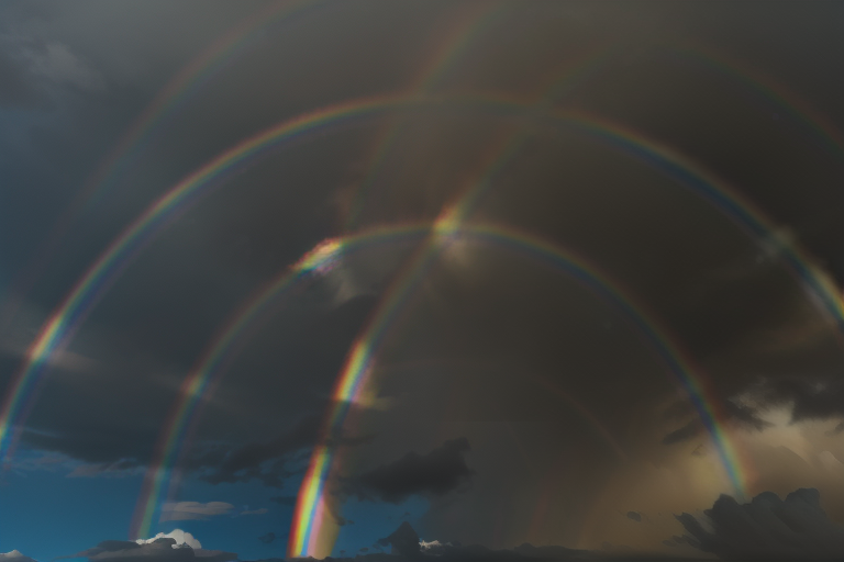 Majestic Display of Multiple Rainbows Against a Dramatic Cloudy Sky