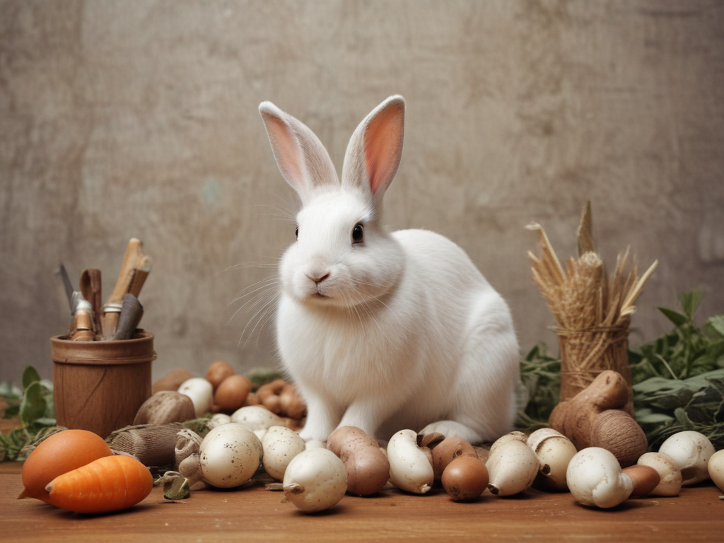 Make a blank image with random objects with rabbits hidden in the scene