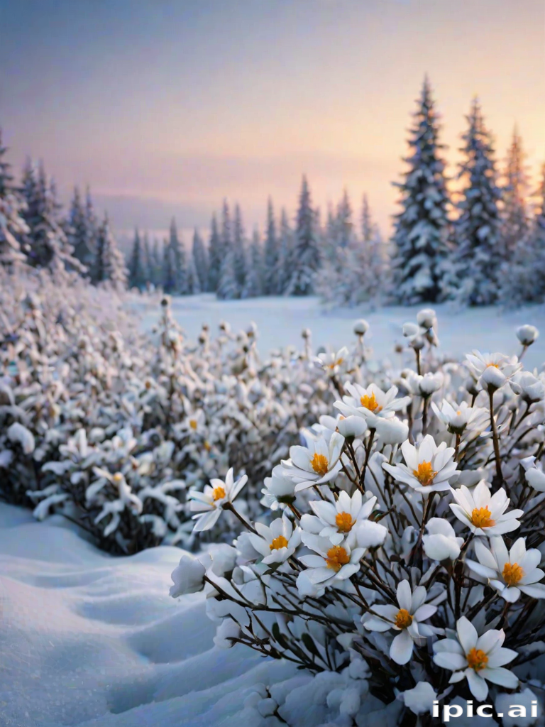 Winter Wonderland: Snow-Covered Landscape with Blooming Flowers in the ...
