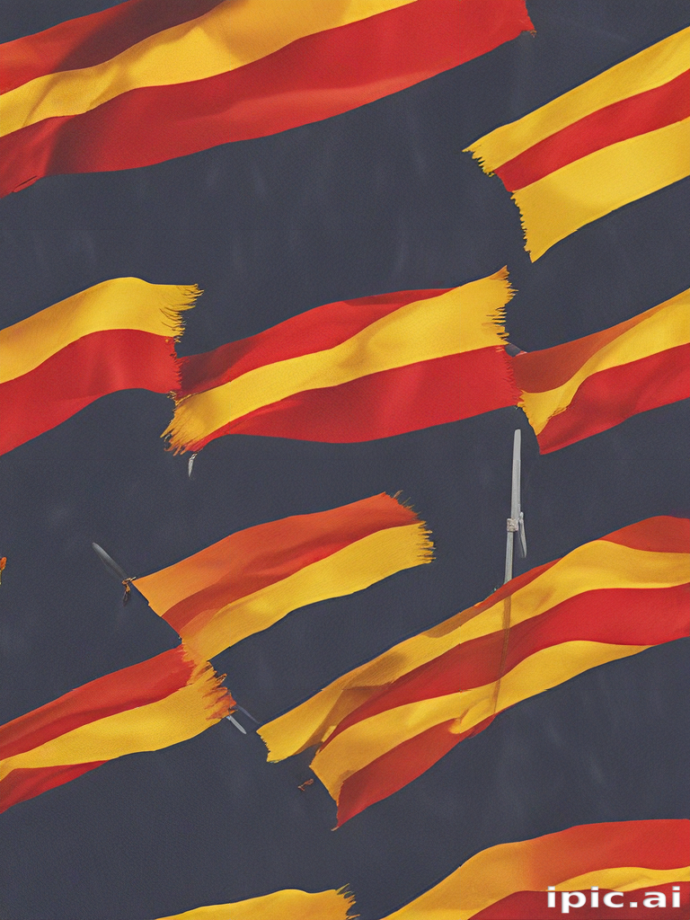 Colorful Spanish Flags Dancing in the Breeze Against a Dark Background