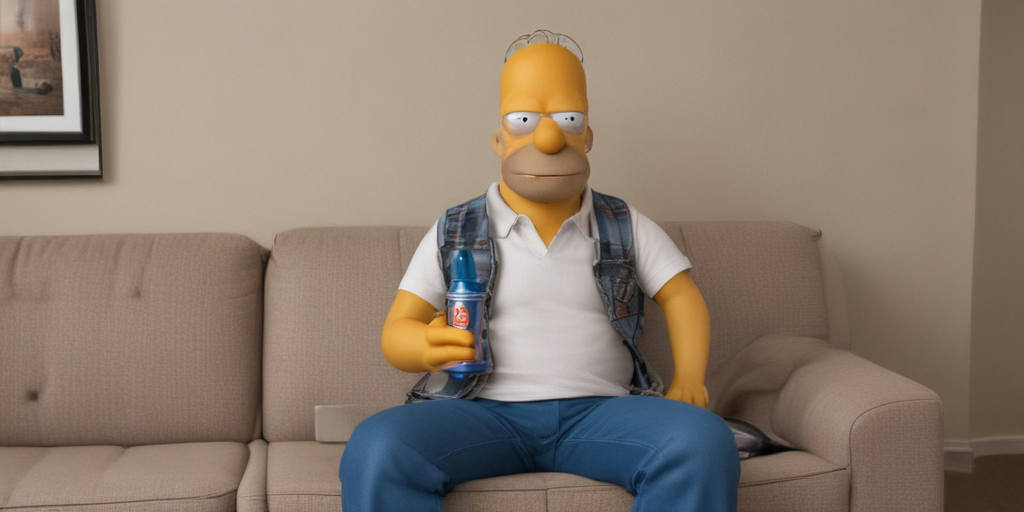 Homer Simpson drinking bud light while sitting on the couch