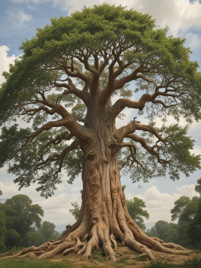 Majestic Ancient Tree Standing Tall Against a Beautiful Blue Sky Background