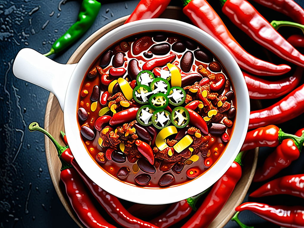 Vibrant Chili Bowl Surrounded by Fresh Red Chili Peppers and Ingredients