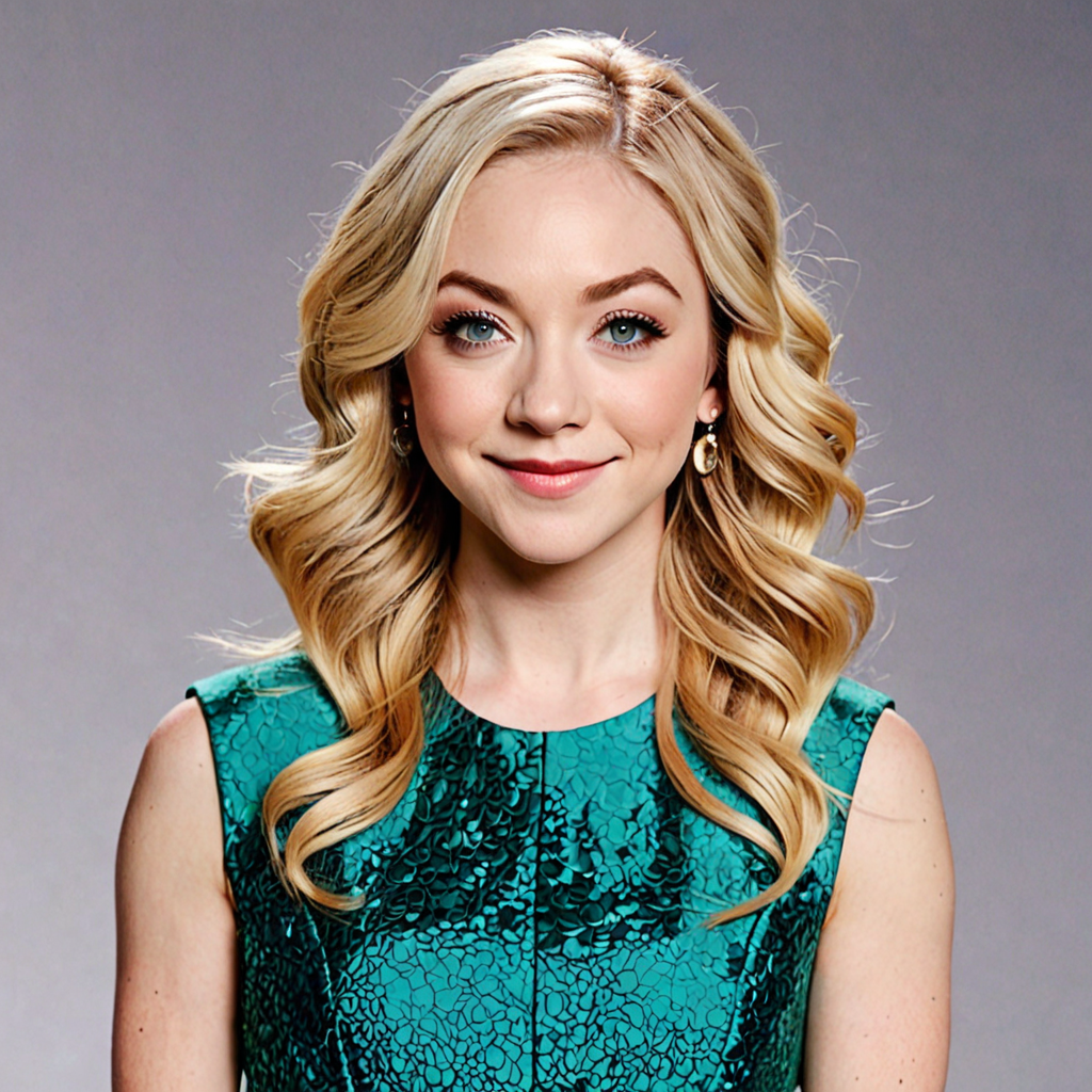 emily kinney with wavy curled hair, as a game show host, wide-angle photo