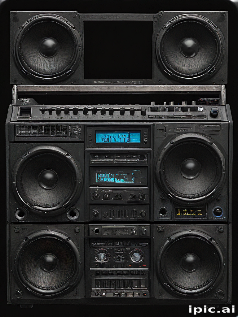 Classic Black Boombox with Multiple Speakers and Vintage Audio Controls