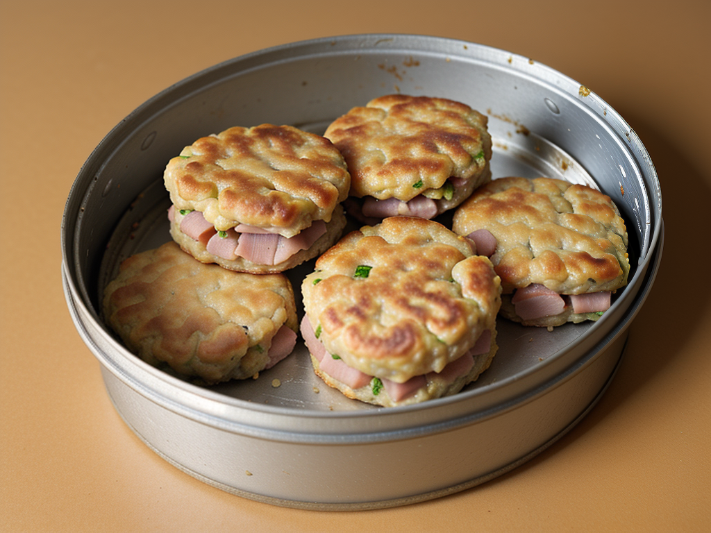 Deliciously Golden Savory Pancakes Stacked with Ham and Green Onions.