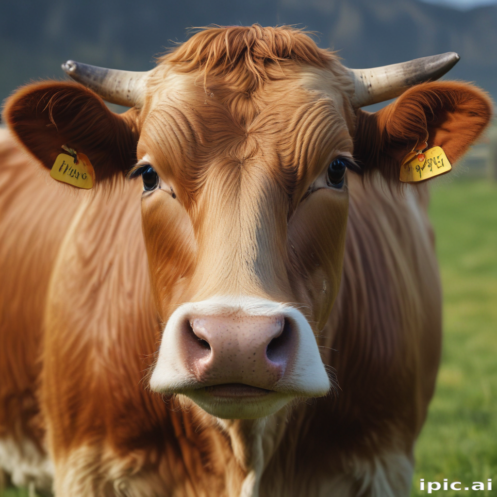 Close-Up of a Curious Brown Cow with Unique Ear Tags in Nature