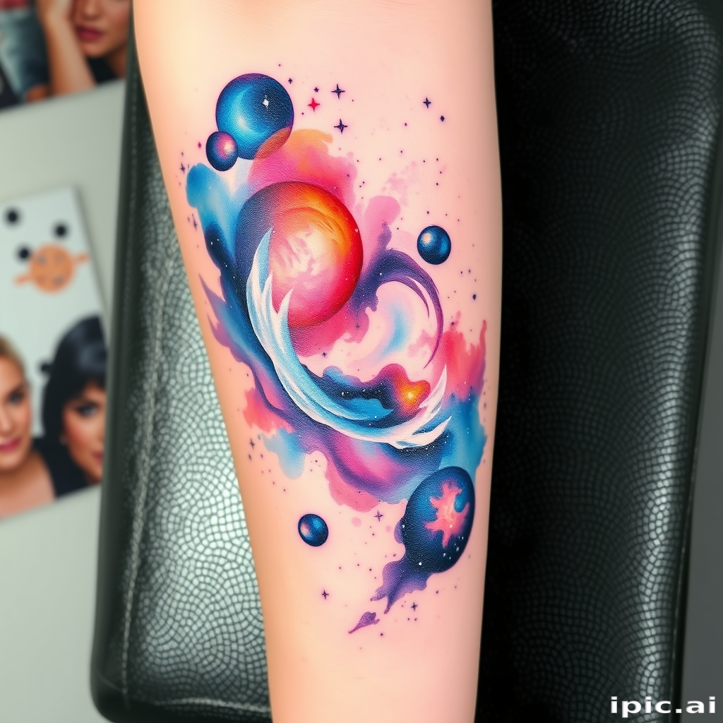 Vibrant Cosmic Tattoo Design Featuring Planets and Colorful Galactic Swirls