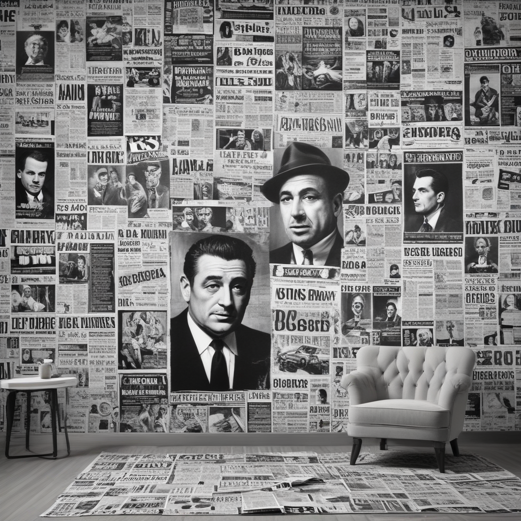 black & white mural of famous mobster newspaper headlines