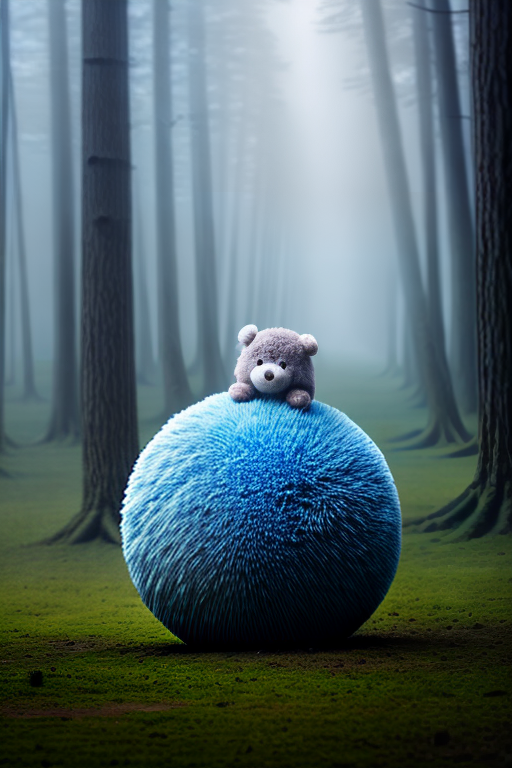 a cute fluffy blue ball animal playing in a misty magical forest