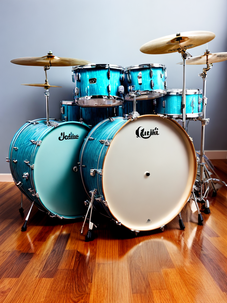 Light blue musical drums on a wooden floor inside a room