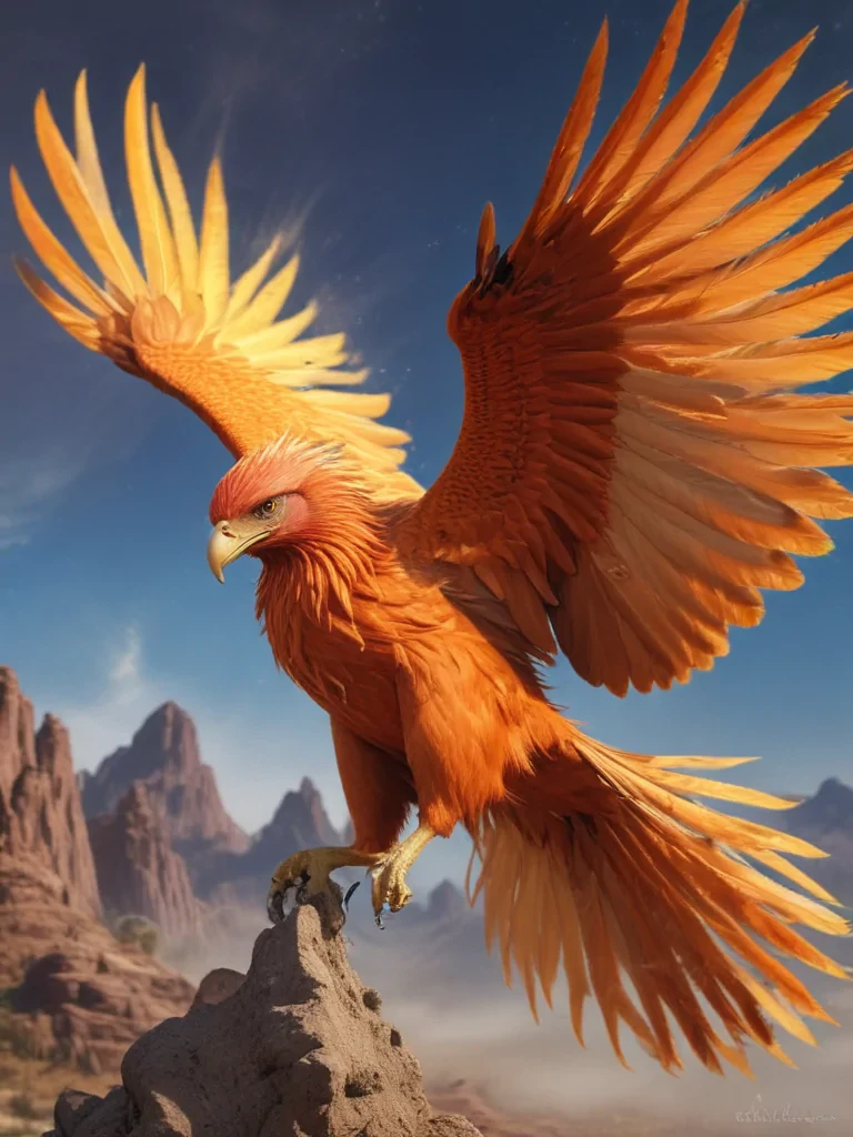A Majestic Orange Bird Spreading Its Wings Against a Stunning Landscape.