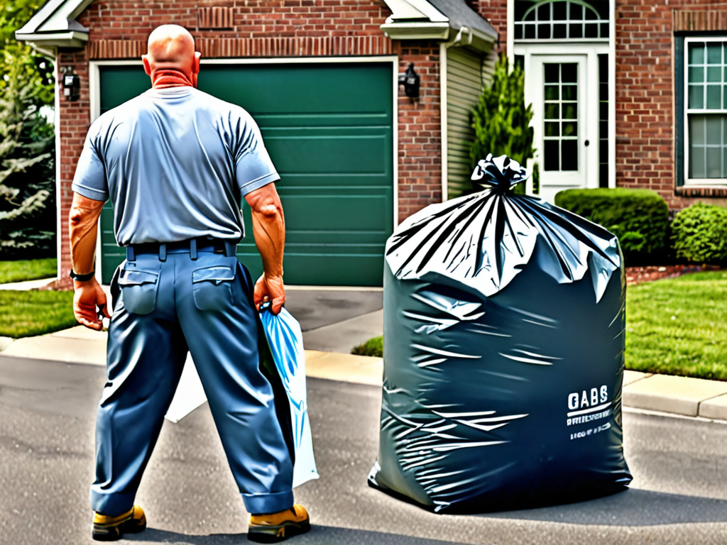 realistic handsome older bald muscular garbagemen from behind carrying ...