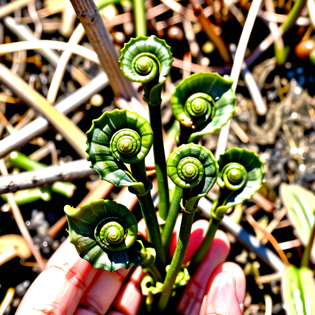 Delicate Green Fiddleheads Emerging from the Ground in Nature's Embrace