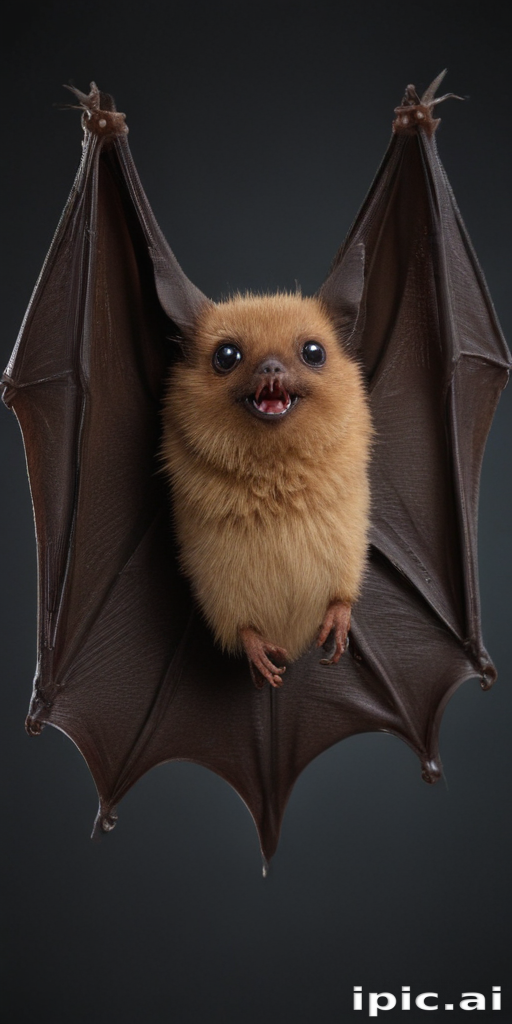 Adorable Fluffy Bat with Wide Wings and Cheerful Expression Hanging Midair