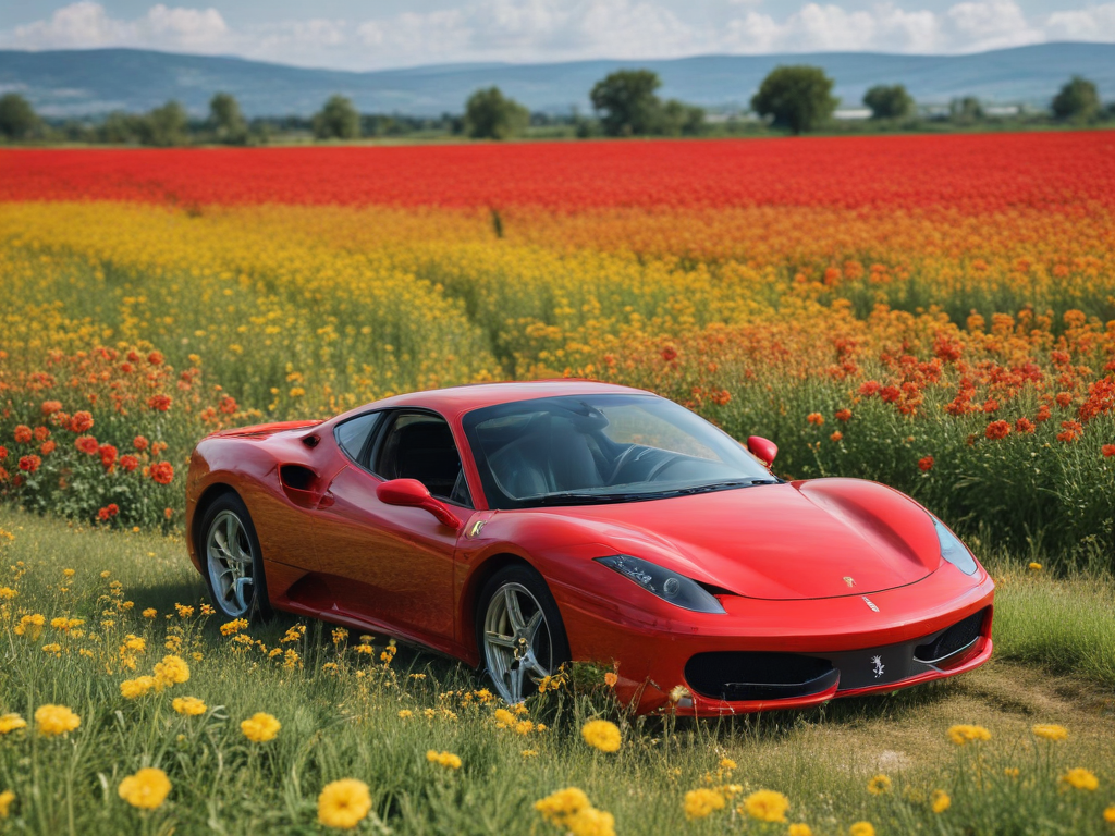 a ferrari in the middle of a field full of flowers and beautiful ...