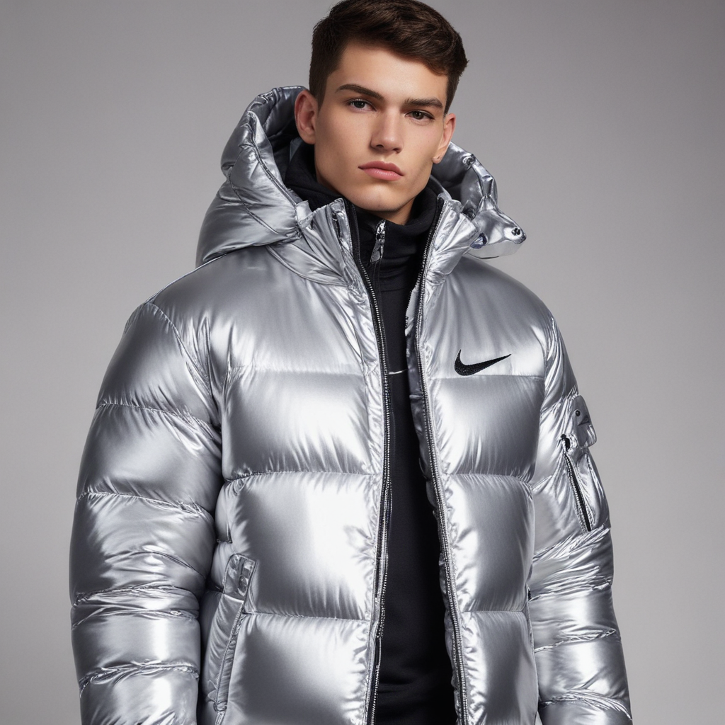 male supermodel nike shiny super puffer jacket bling jewellery hood