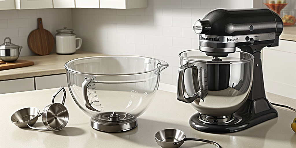 Modern Kitchen Setup Featuring Stainless Steel Mixer and Glass Mixing Bowl