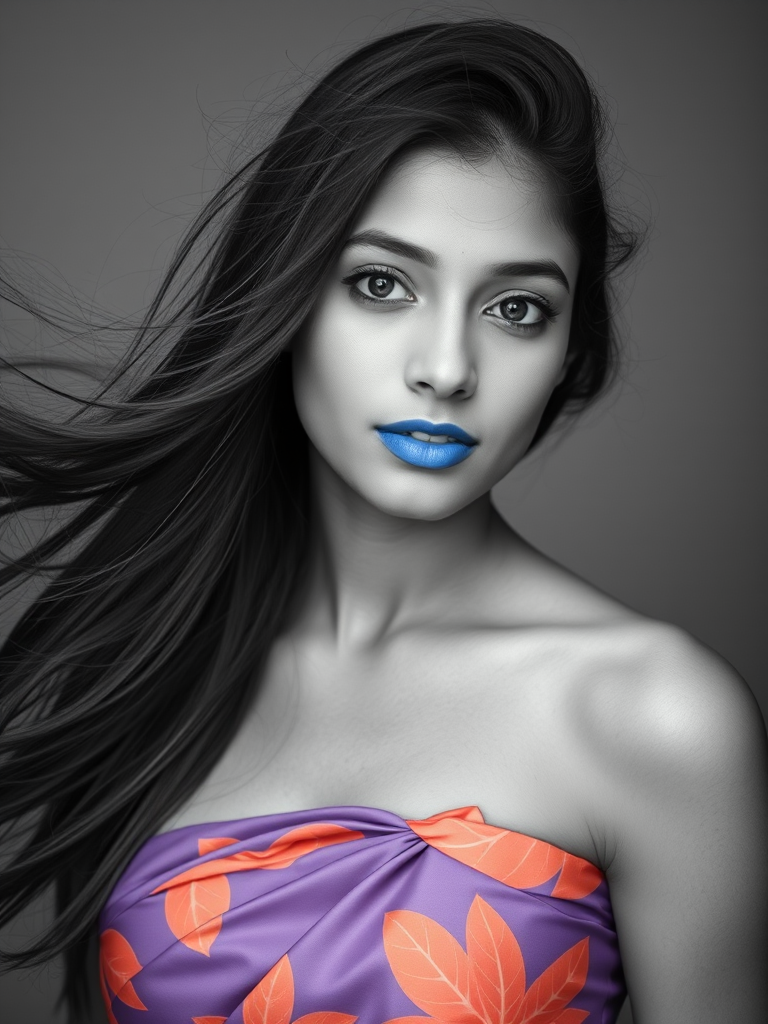 Striking Portrait of a Young Woman with Bold Blue Lipstick and Flowing Hair