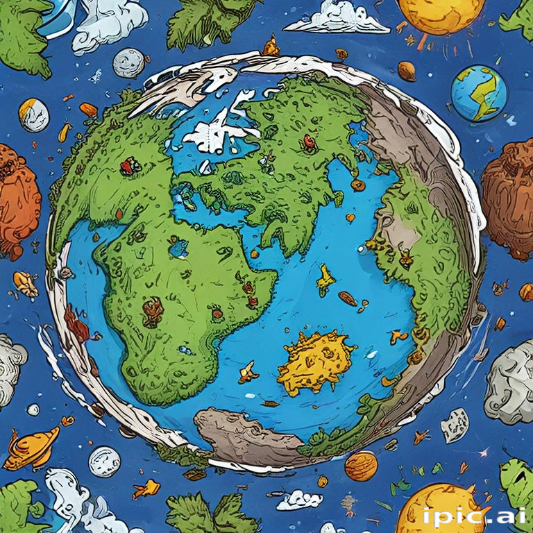 Colorful and Whimsical Illustration of Earth Surrounded by Nature and Space