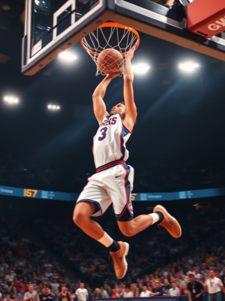 Dynamic Basketball Player Leaps High for an Impressive Slam Dunk