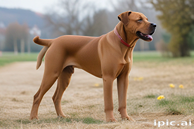 A Playful Brown Dog Standing Proudly in a Sunny Outdoor Field.